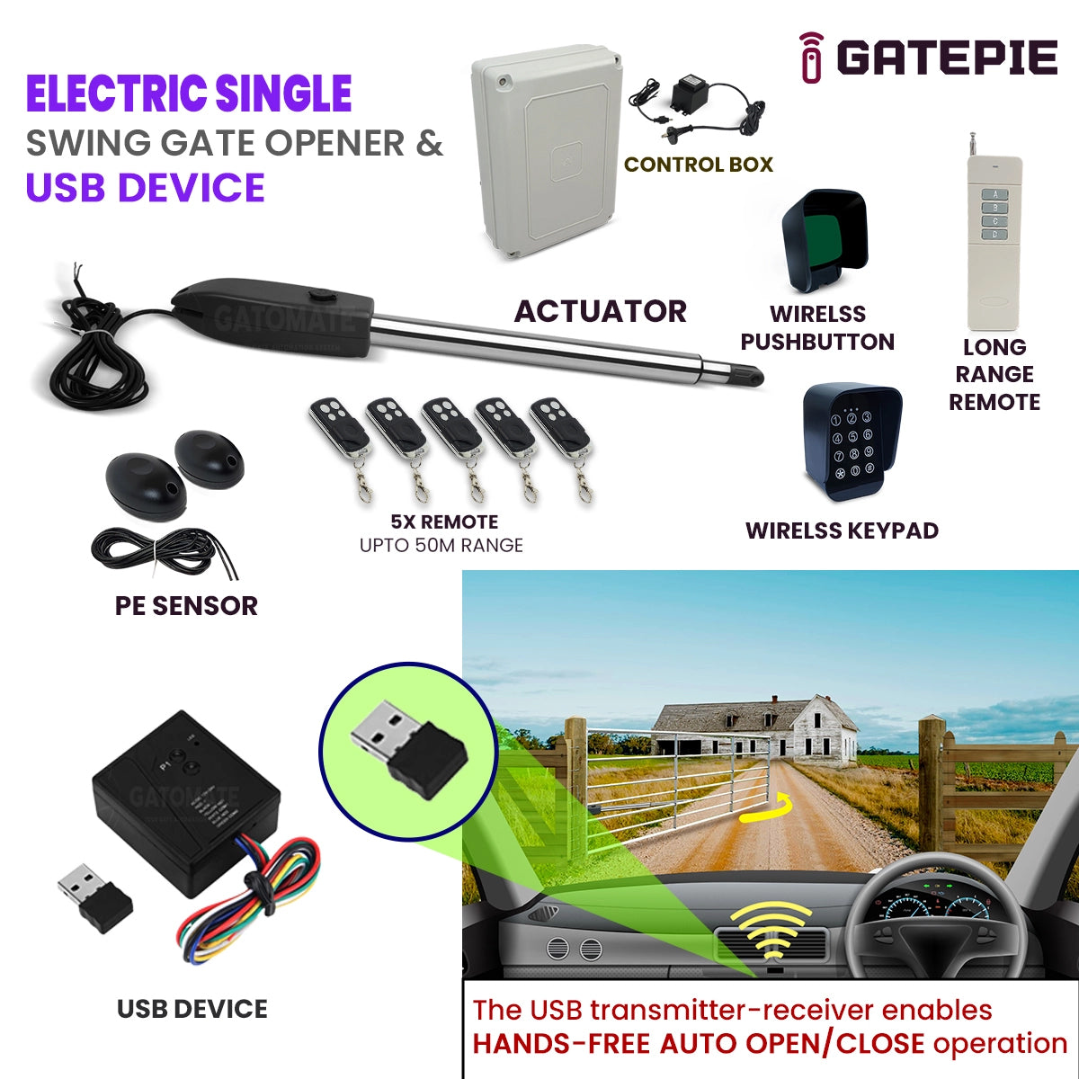 Automatic Electric Single Swing Gate Opener with USB Device | gatomate ...