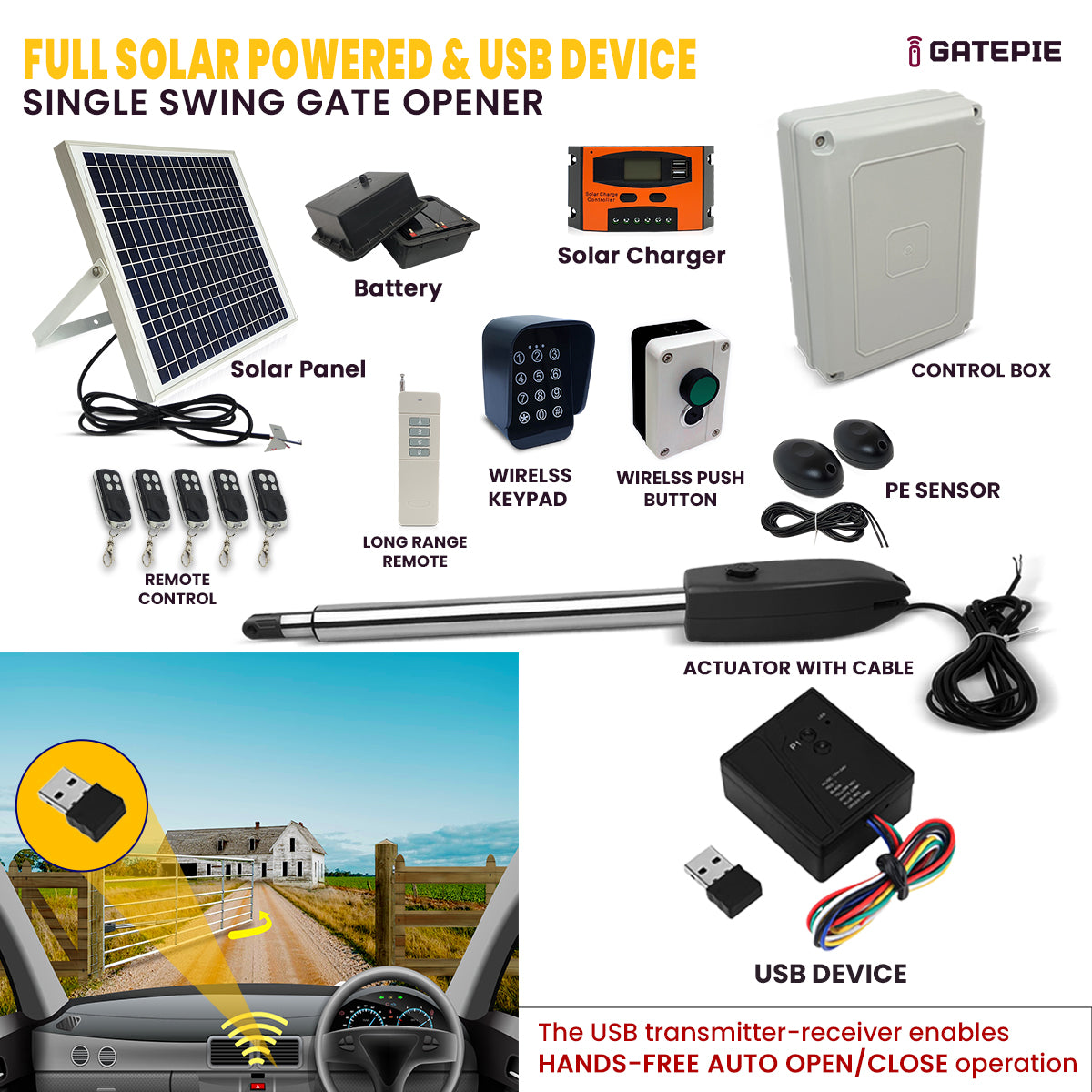 Solar Powered Single Swing Gate Opener Kit with USB Receiver