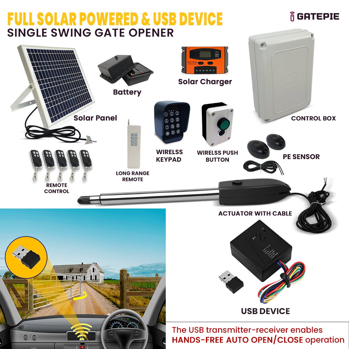 Single Swing Electric Solar Gate Opener Kit with USB Receiver